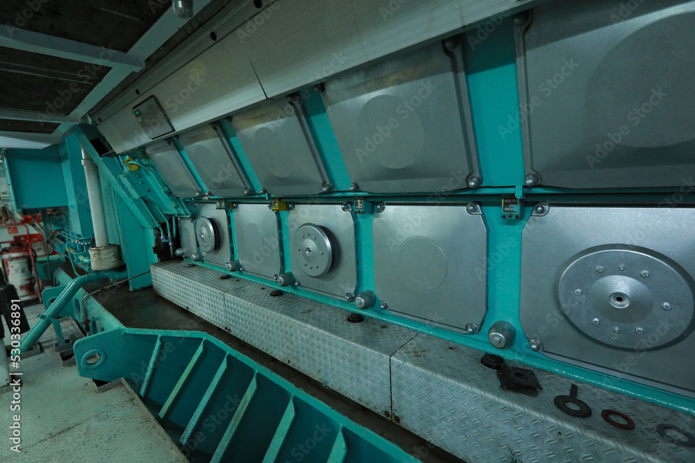 Cruise ship engine room interior with water tight doors electrical and ...