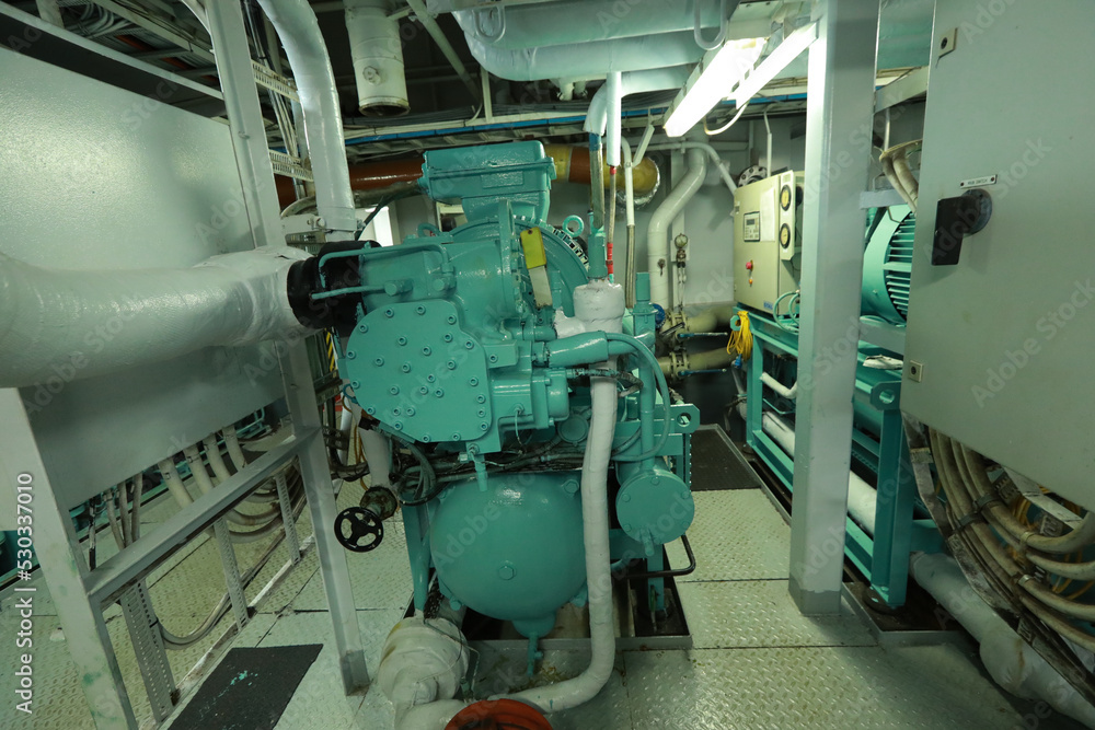 Cruise ship engine room interior with water tight doors electrical and ...