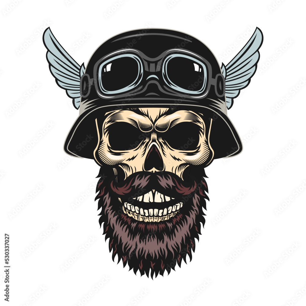 Colored biker skulls in helmet. Motorcyclist hats with horns and ...