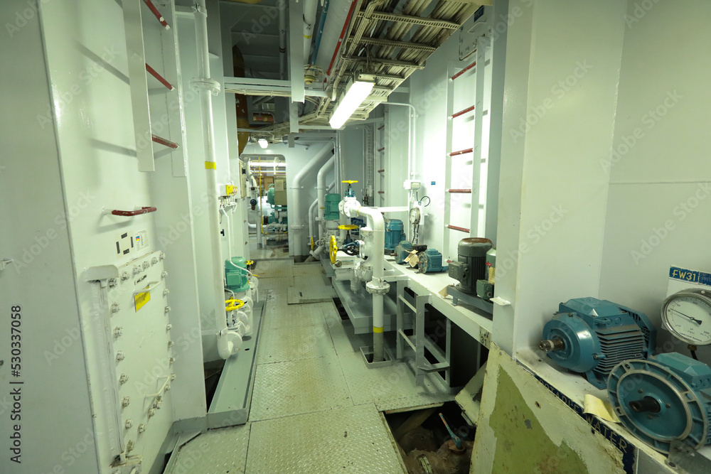 Cruise ship engine room interior with water tight doors electrical and ...