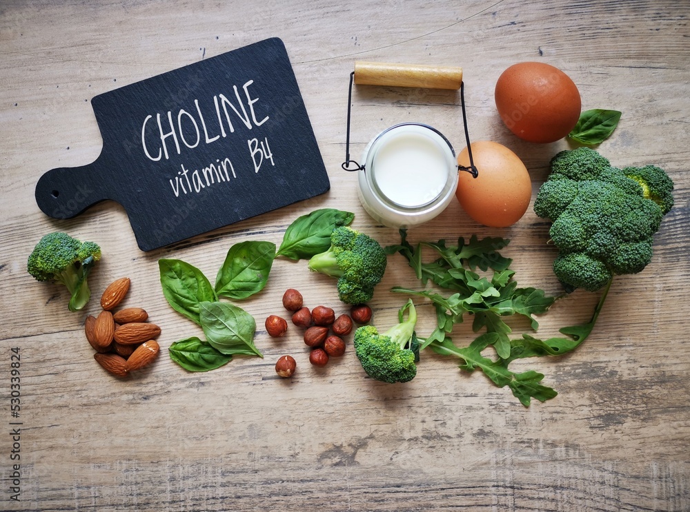 Foods high in choline with text Choline on black chalkboard. Choline is ...