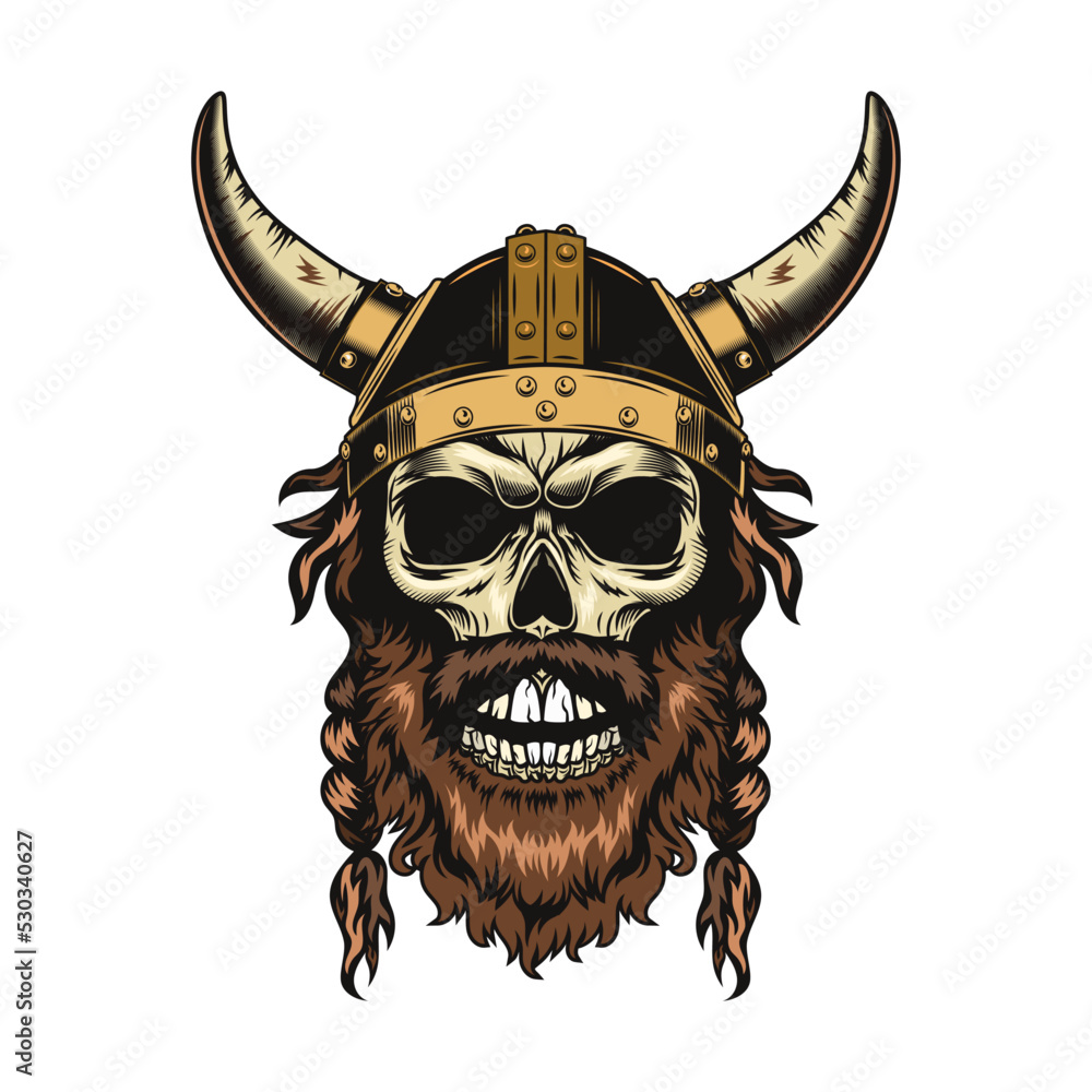 Vetor de Viking skull. Medieval warrior head in horns helmet. Vector ...