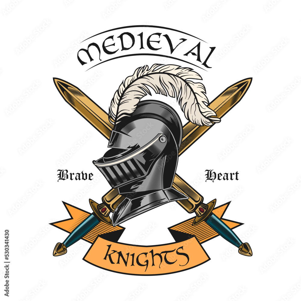 Medieval knight accessories. Swords, helmets, shields, axes ...