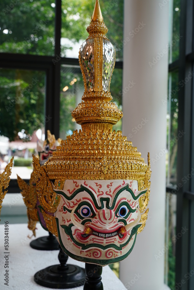 Khon performance, each actor wears a head with a mask that represents ...