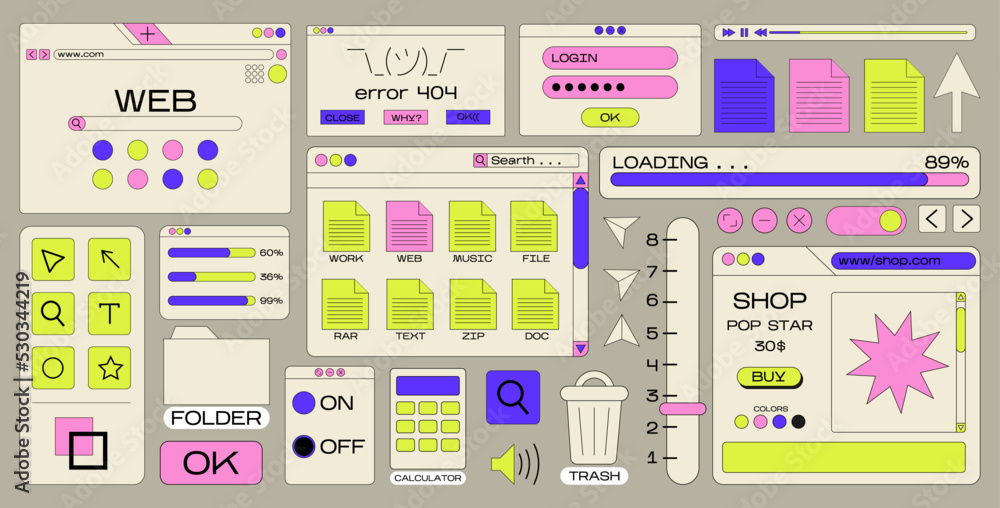 Retro cartoon set of web pages pc.old computer style. geometric frames ...