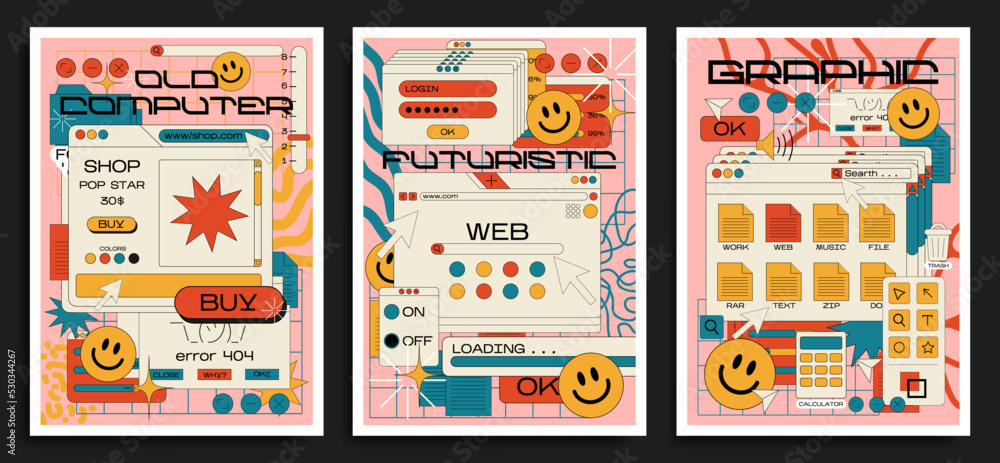Retro cartoon poster of web pages pc.old computer style. geometric ...