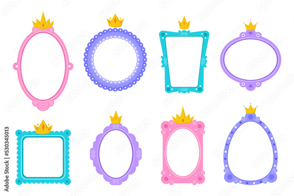 Mirror frames with crowns for babies vector illustrations set. Cartoon ...