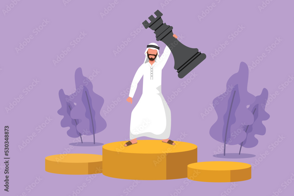 Character flat drawing happy Arab businessman holding and lifting rook ...