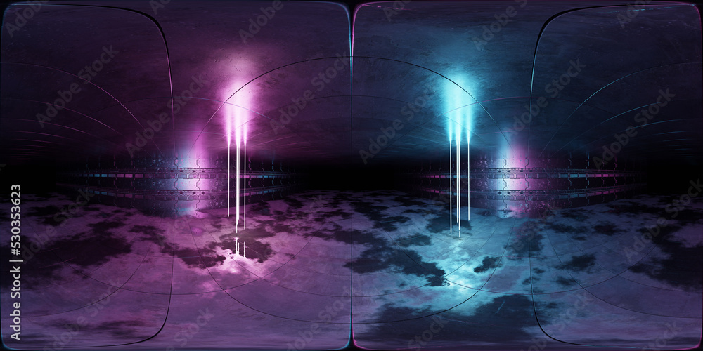 Futuristic neon lights interior Hdri. 360 panoramic view of a cyber ...