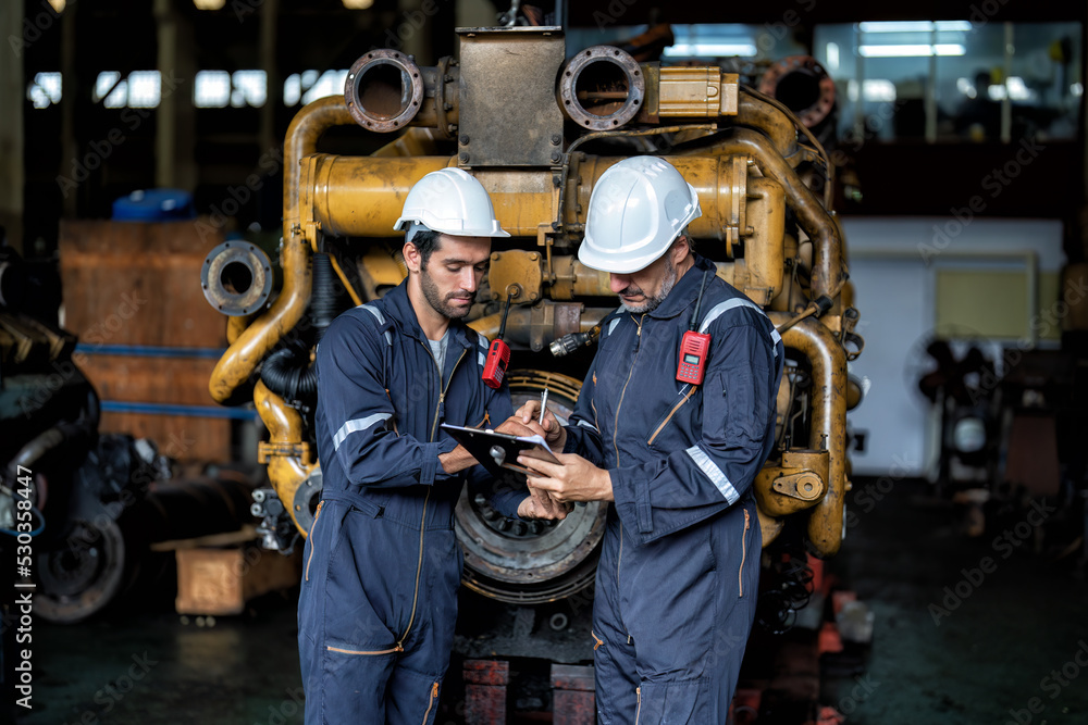 In heavy industry maintenance manager meet engineer checking and ...