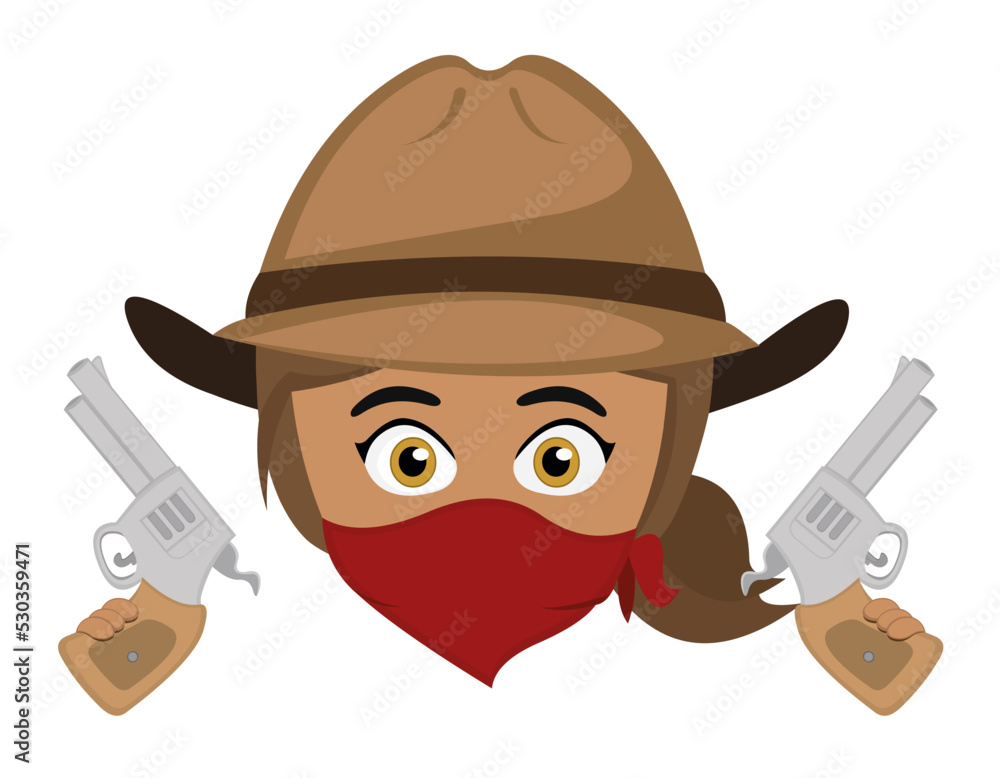 Vector illustration of the head of a cartoon cowboy bandit woman, with ...