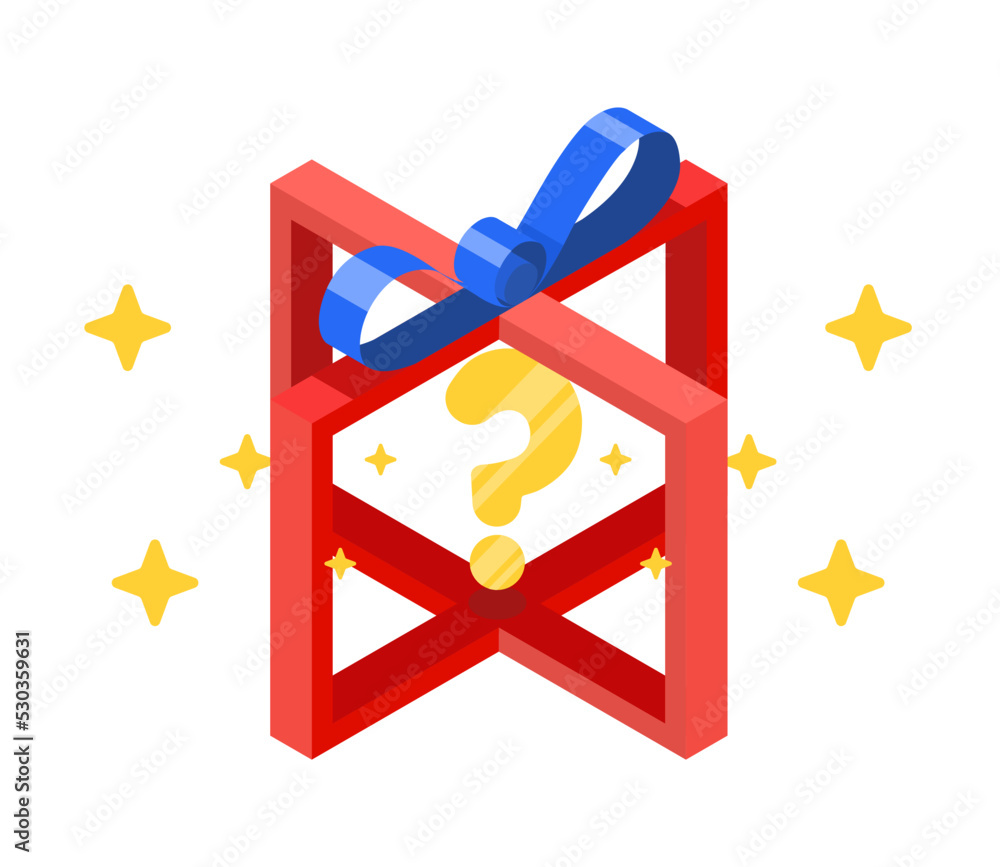 Inside is a transparent mystery gift box with a red ribbon on white ...