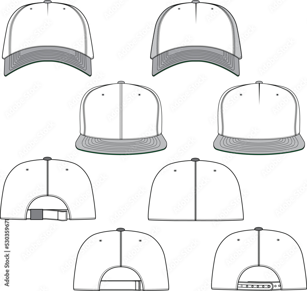 Variety blank cap hat fashion design flat sketch mock-up templates ...