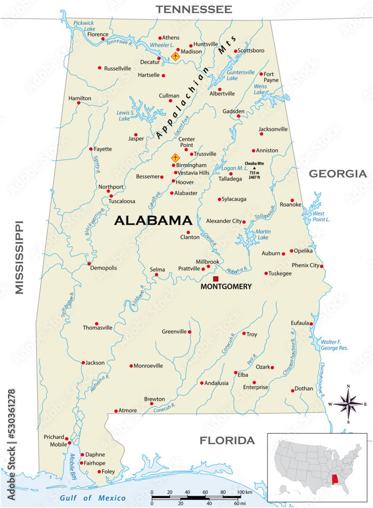Highly detailed physical map of the US state of Alabama Stock Vector ...