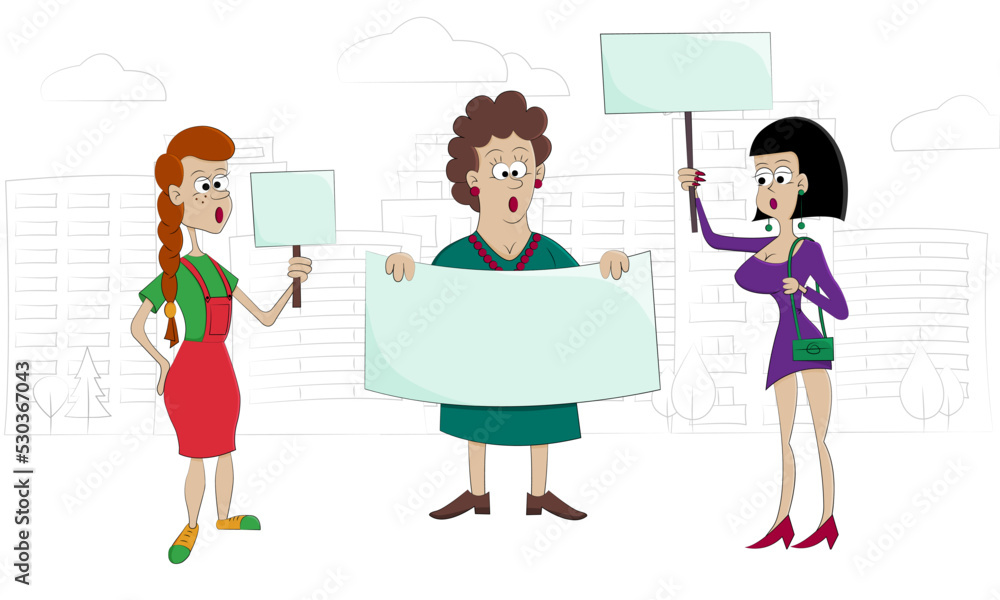 People protesting with placards in front of the city. Women activists ...