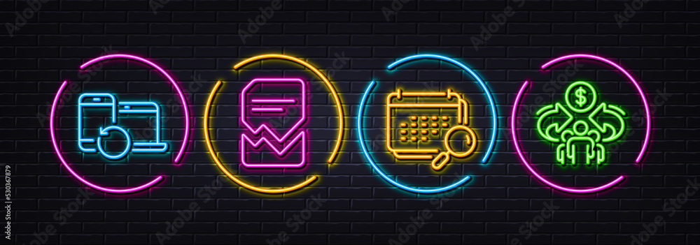 Calendar, Recovery devices and Corrupted file minimal line icons. Neon laser 3d lights. Sharing ...