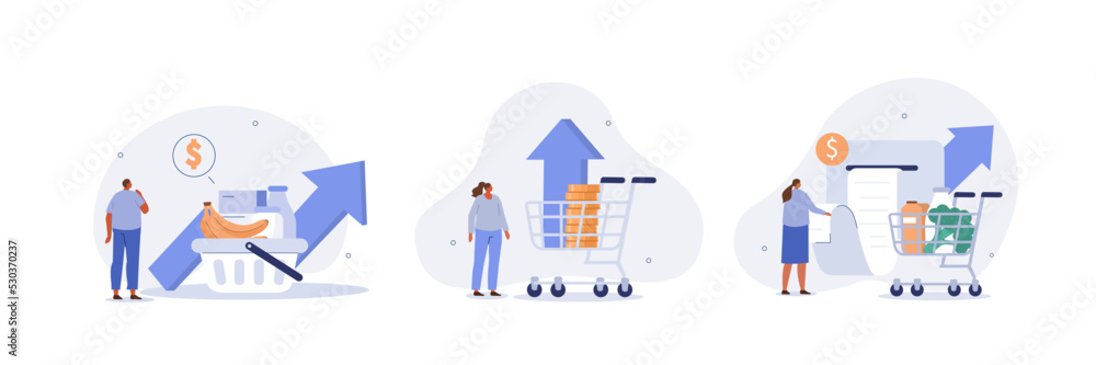 Inflation illustration set. Characters buying food in supermarket and ...