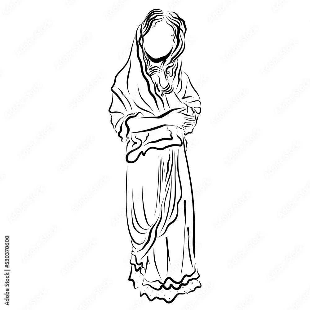 beautiful modest girl in indian sari, black outline on a white ...