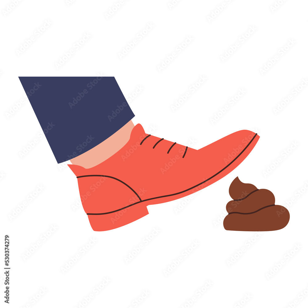 A booted foot steps on a poop. Cartoon illustration isolated on ...
