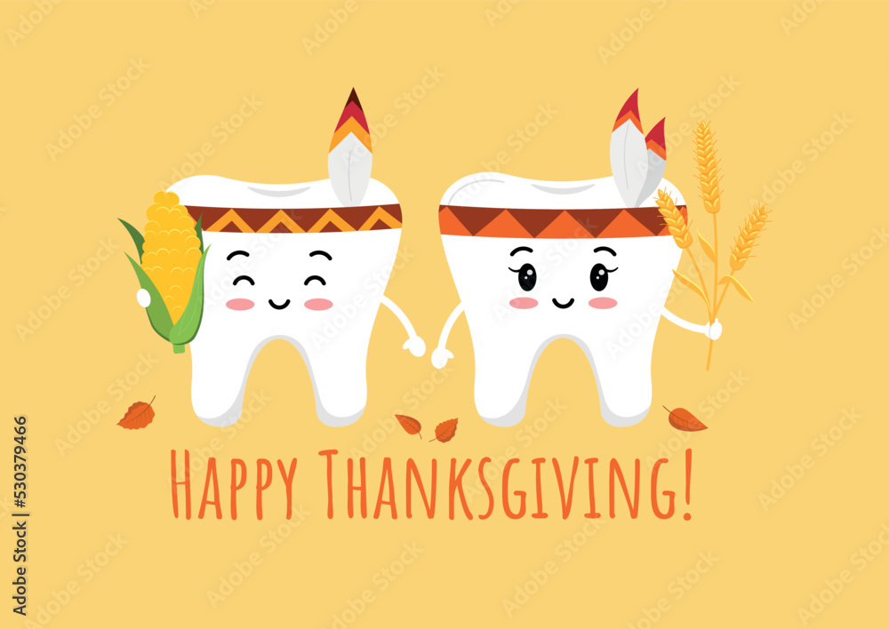 Thanksgiving tooth boy and girl in indian feather headband with corn ...