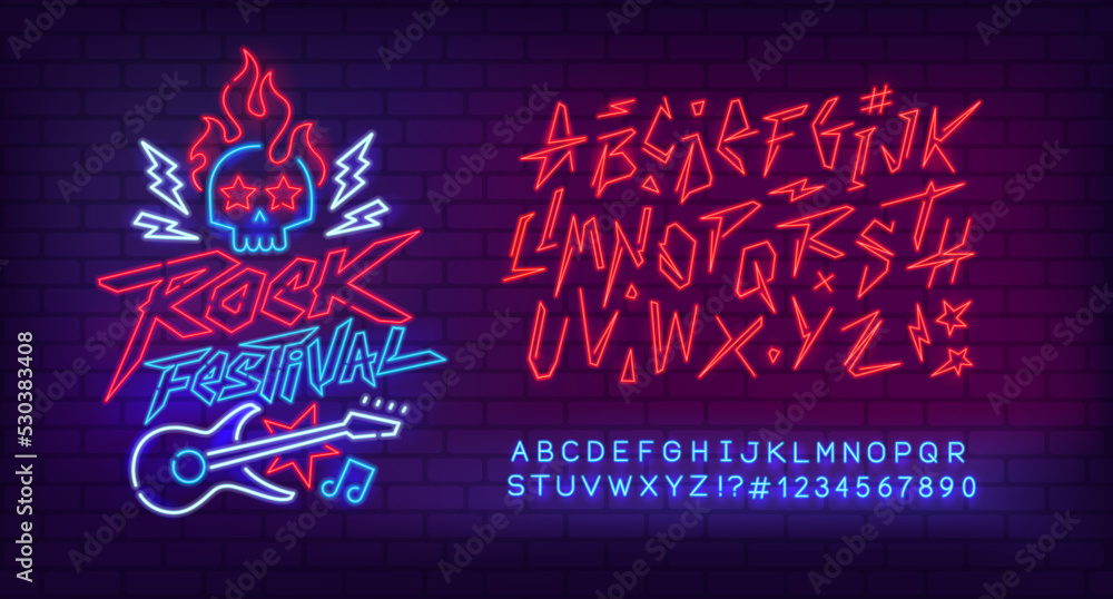 Rock n Roll music Neon Light sign with type font - editable vector ...