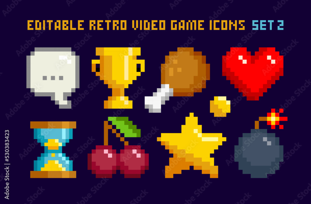 8-bt game pixel objects set 2 - editable vector. Retro game loot icons ...