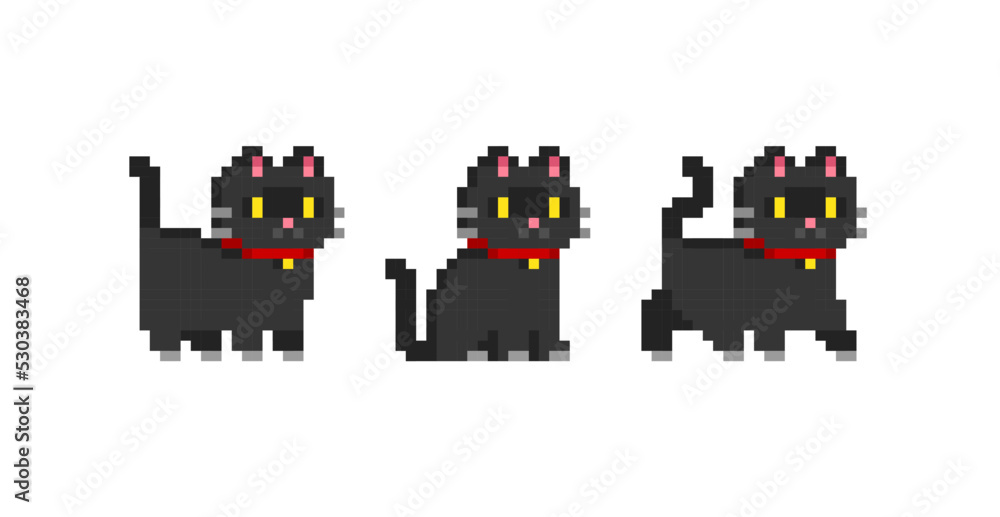 Black Cat Or Kitten In Pixel Art Isolated Vector Cute Kawaii Style Pixel Cats In Retro 8 Bit