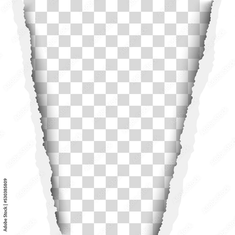 Torn, snatched vertical window with transparent background in sheet of ...