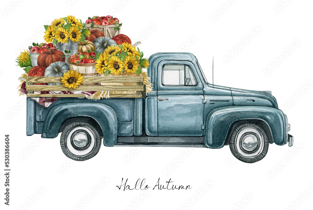 Watercolor Pumpkin Truck,Autumn Harvest Truck,Thanksgiving arrangement ...
