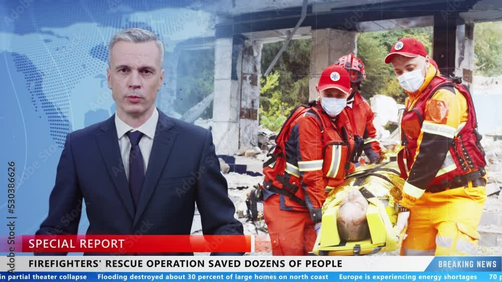 Male TV news presenter commenting on firefighters rescue operation from ...
