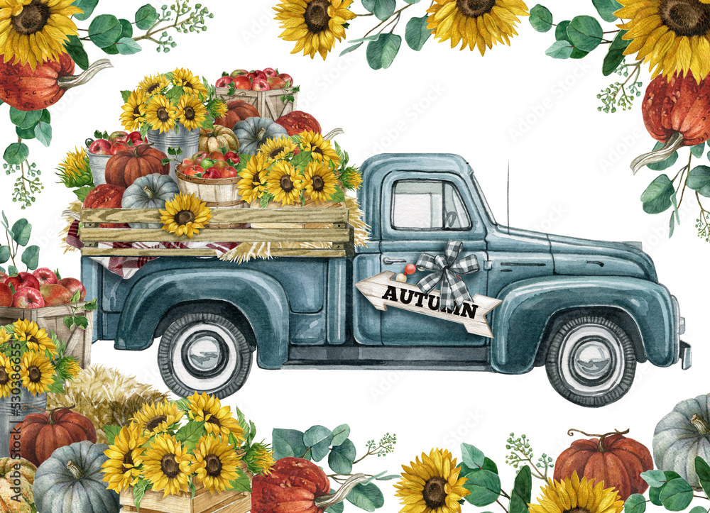 Watercolor Pumpkin Truck frame,Autumn Harvest Truck background ...