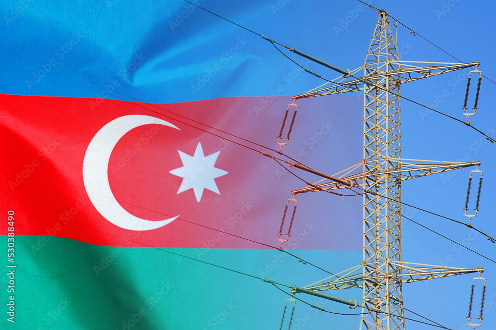 Azerbaijan flag on electric pole background. Power shortage and increased energy consumption in ...