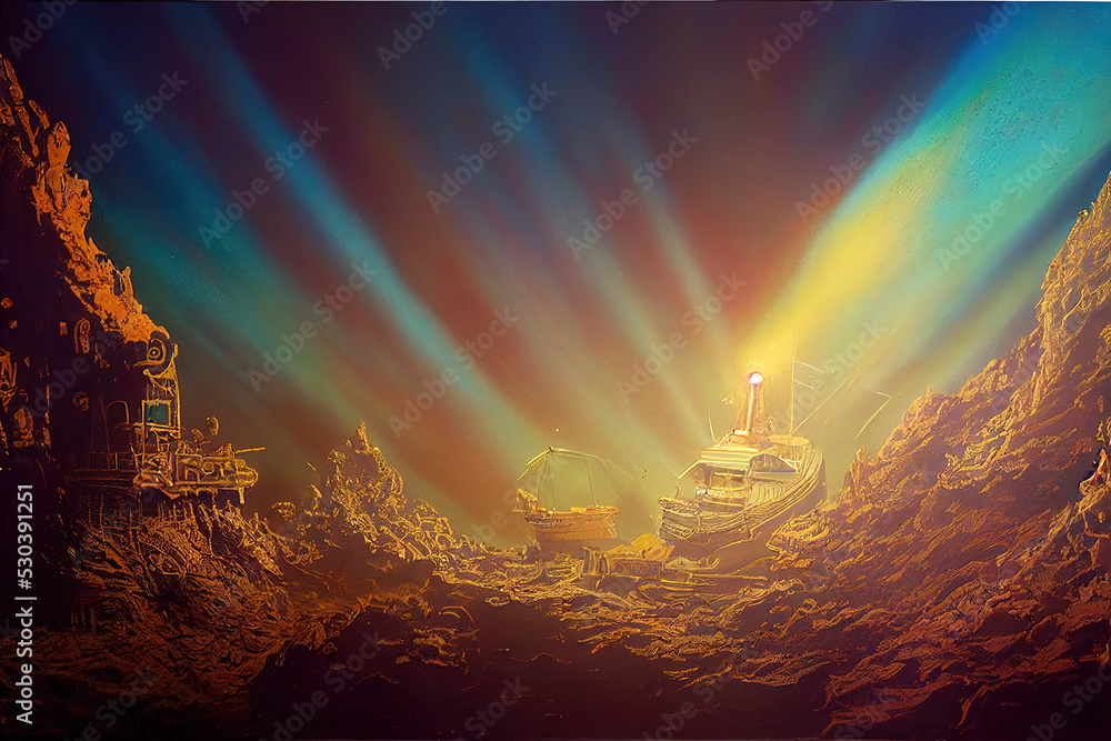 Plakat Ghost Pirate Ship Treasure on Beach. Fantasy Backdrop. Concept ...