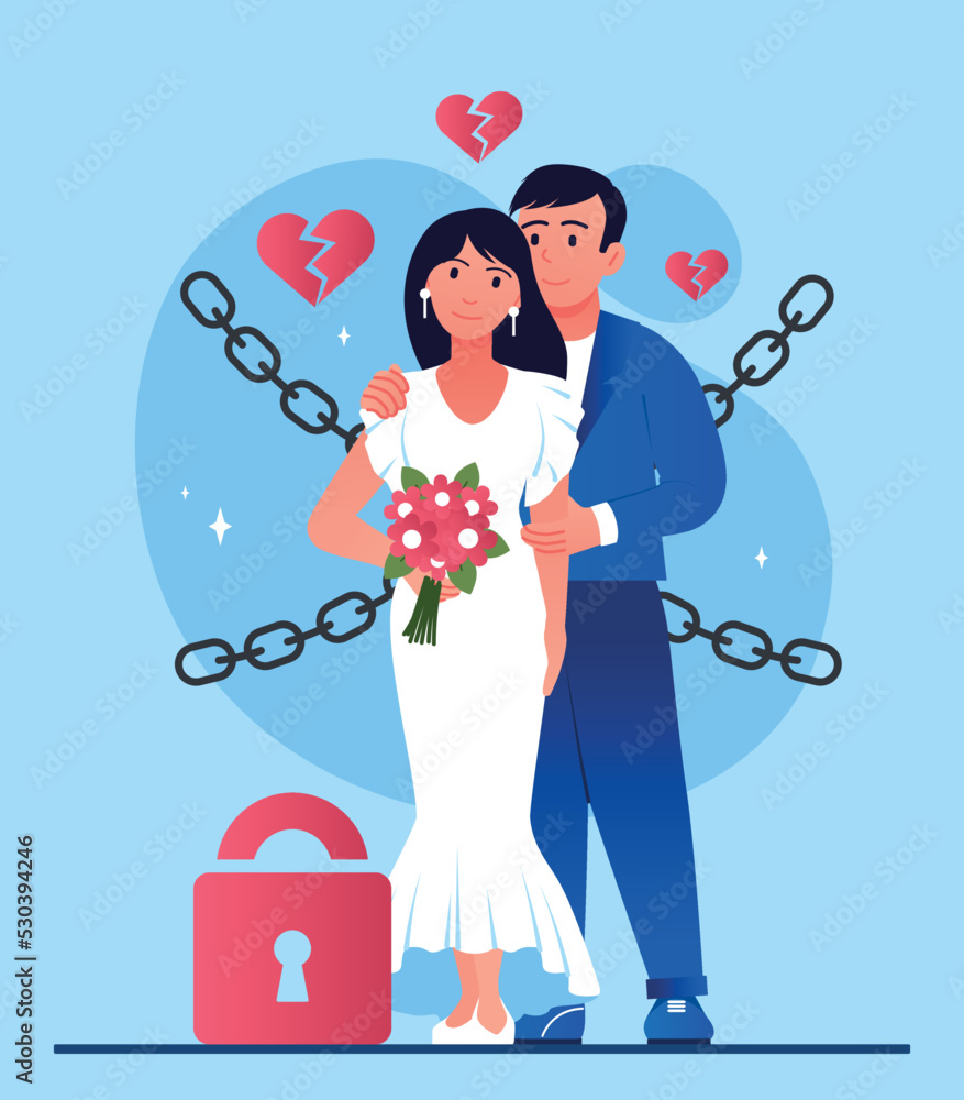 Forced marriage concept. Man and woman on background of chains and ...