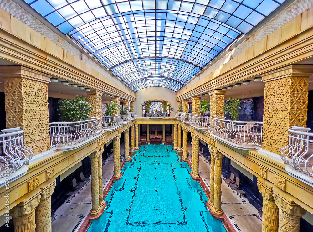 The swimming pool under the glass vault, Gellert Thermal Baths, on Feb ...