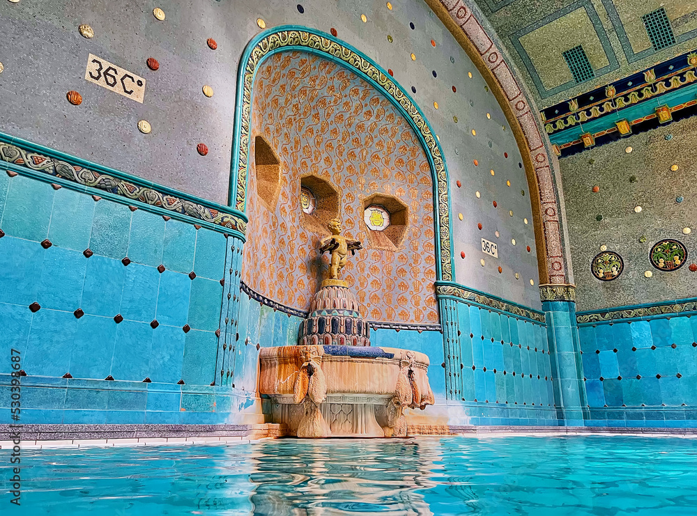 The sculptures on fountain of thermal bath in Gellert Spa Baths, on Feb ...
