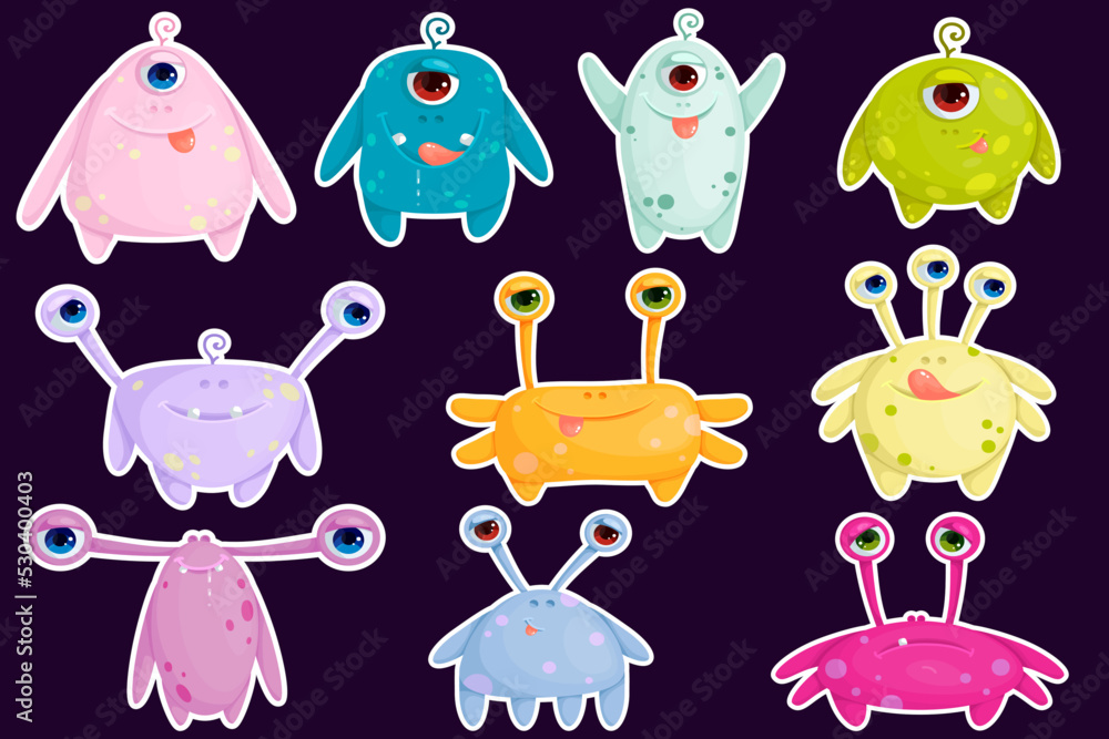 Collection of stickers with cartoon cute monsters, aliens, cyclops ...