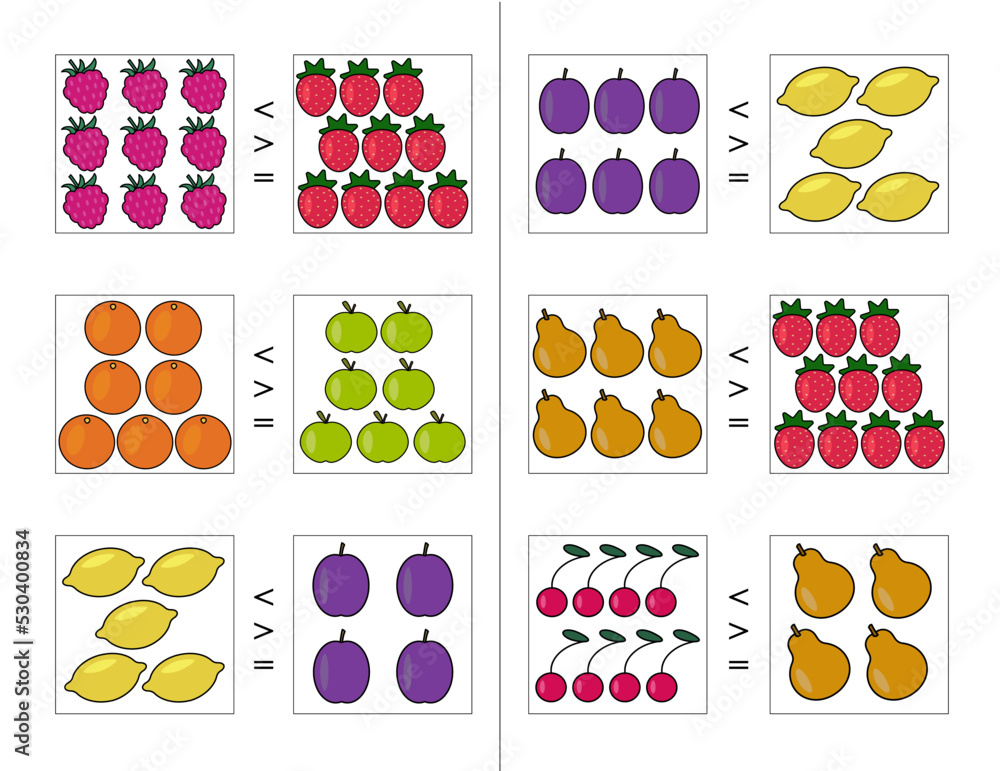 Vetor de Compare the number of fruits, choose the correct sign. Math ...
