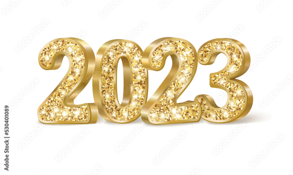 2023 volumetric gold glitter numbers isolated on white background ...