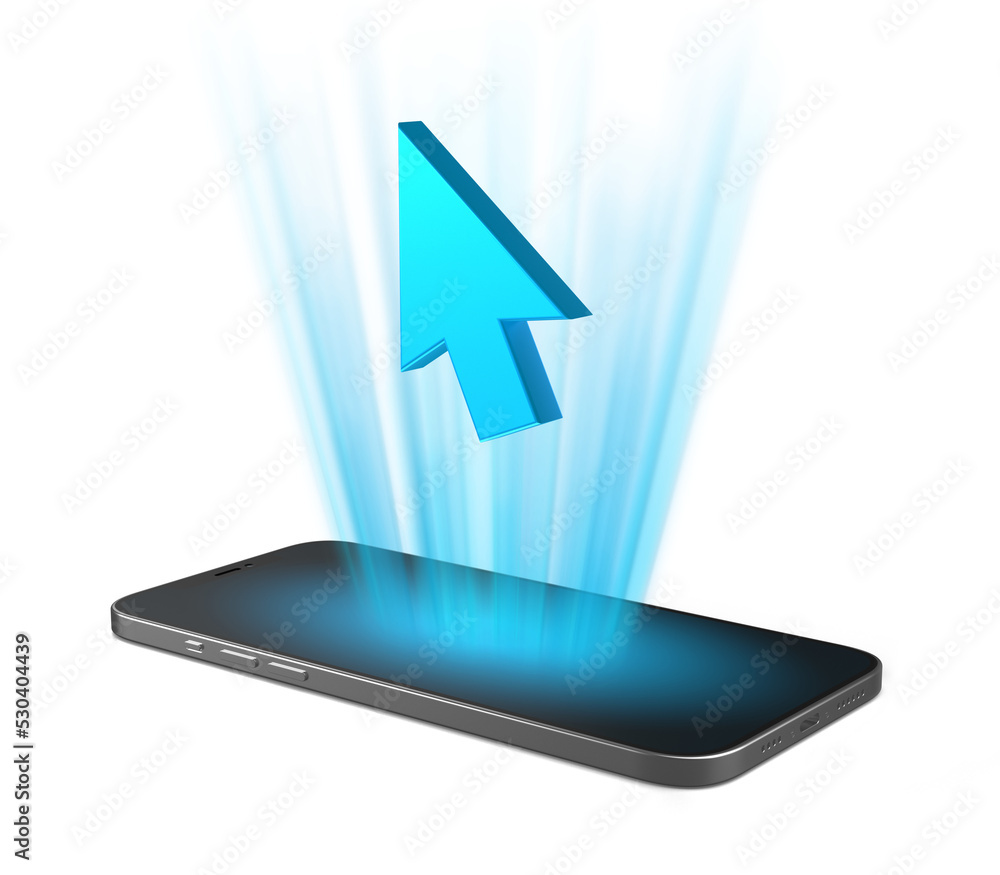 Smartphone that projects arrow icon from the screen. Phone with mouse ...