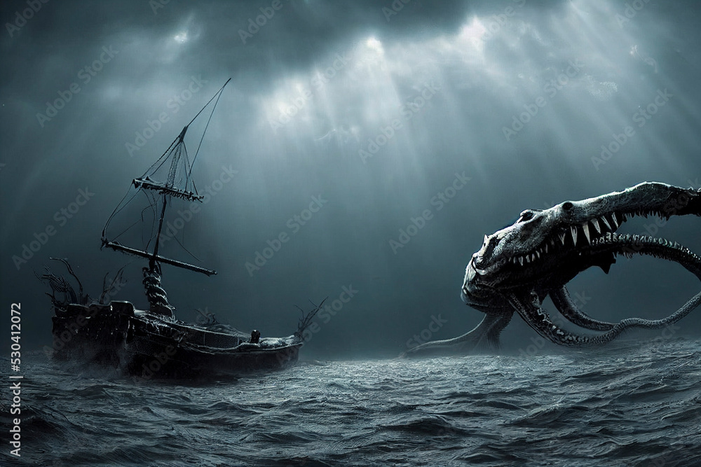 Giant sea monster, terrifying squid alien paintning Stock Illustration ...