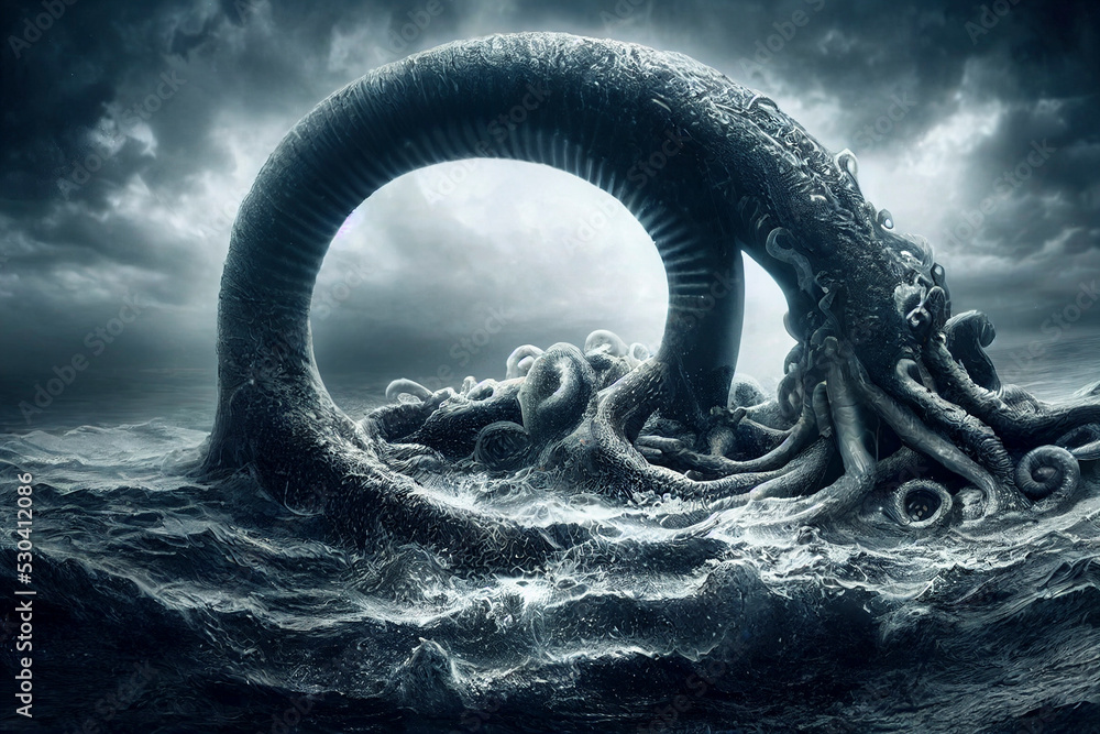Giant sea monster, terrifying squid alien paintning Stock Illustration ...