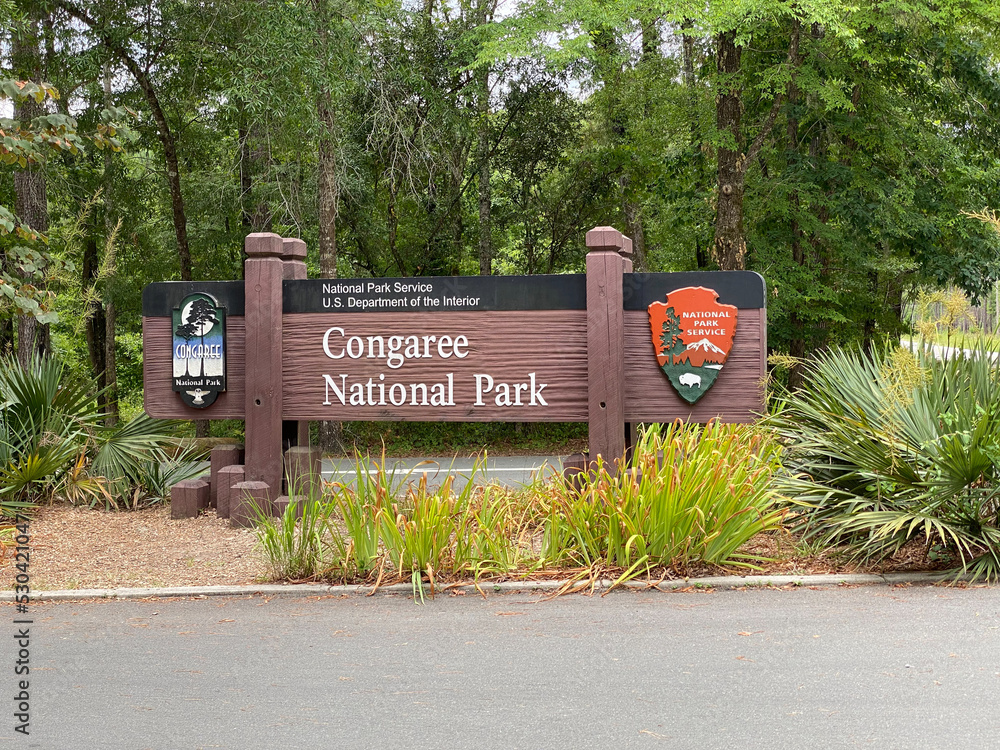 Congaree National Park entrance sign. South Carolina park preserves ...