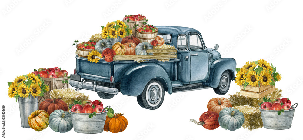 Watercolor Pumpkin Truck,Autumn Harvest Truck,Thanksgiving arrangement ...