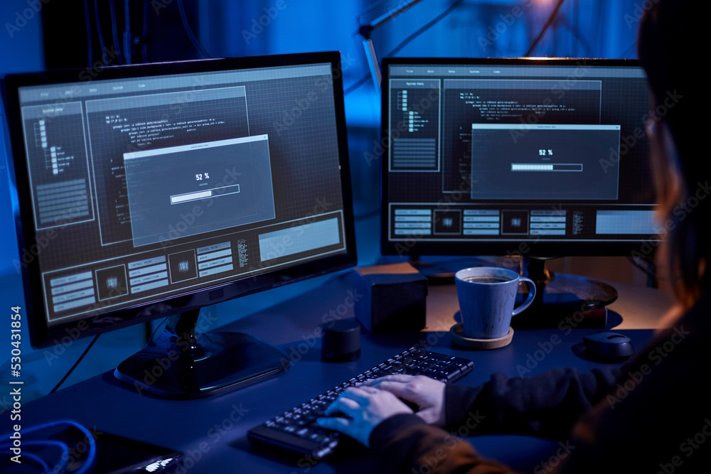 cybercrime, hacking and technology concept - close up of female hacker ...