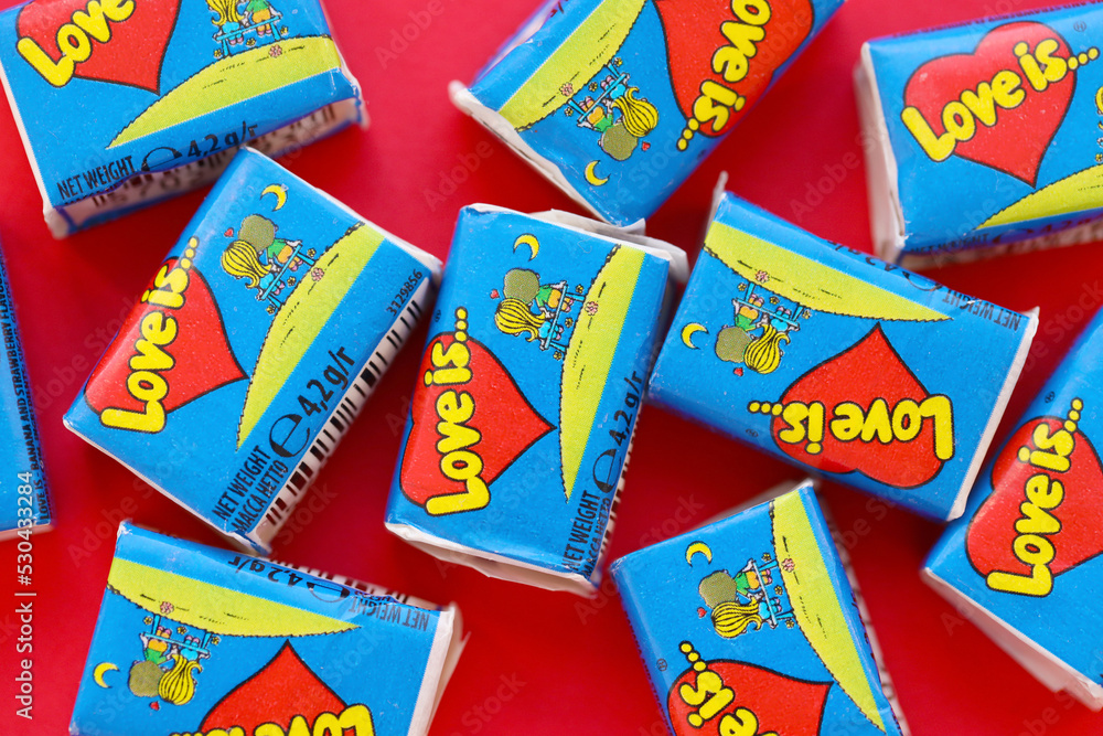 TERNOPIL, UKRAINE - JUNE 23, 2022: Love is - turkish bubble gums from ...