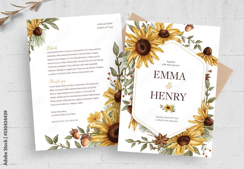 Fall Sunflower Wedding Invitation Flyer Layout Stock Template | Adobe Stock