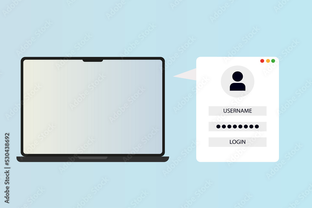 A laptop with a login and password forms a page on the screen. Account login, user authorization ...