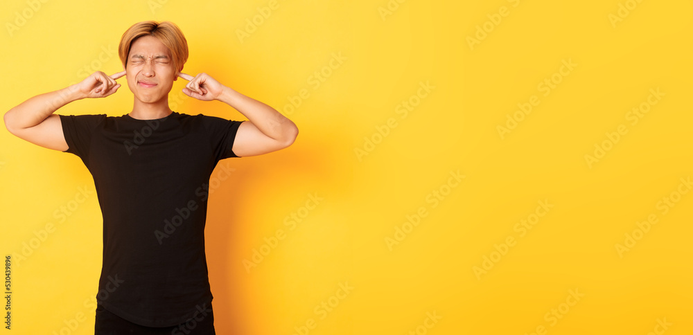 Portrait of annoyed and bothered asian guy grimacing, shut ears ... Portrait of annoyed and bothered asian guy grimacing, shut ears ...