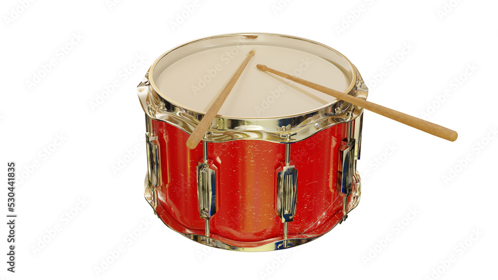 Little red drum. Realistic 3d render of an old drum with transparent ...